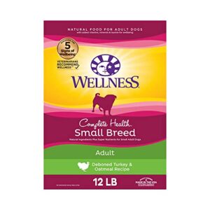 wellness complete health small breed adult dry dog food with grains and real turkey, natural ingredients, omega fatty acids, and probiotics, made in usa (12-pound bag)”