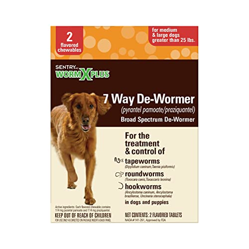 SENTRY HC WORM X PLUS 7 Way De-Wormer (pyrantel pamoate/ praziquantel), for Medium and Large Dogs over 25 lbs, 2 Count