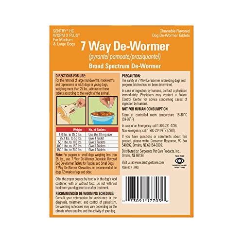 SENTRY HC WORM X PLUS 7 Way De-Wormer (pyrantel pamoate/ praziquantel), for Medium and Large Dogs over 25 lbs, 2 Count