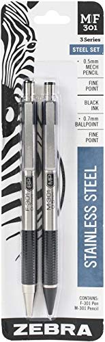 Zebra Pen Stainless Steel Writing Set, M-301 Mechanical Pencil and F-301 Mechanical Pencil, Black Grip, 2-Pack