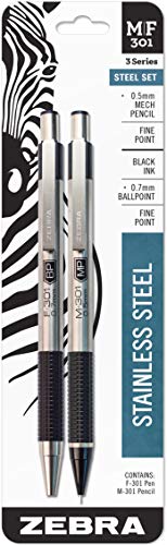 Zebra Pen Stainless Steel Writing Set, M-301 Mechanical Pencil and F-301 Mechanical Pencil, Black Grip, 2-Pack