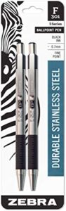 zebra pen f-301 retractable ballpoint pen, stainless steel barrel, fine point, 0.7mm, black ink, 2-pack