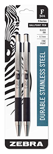 Zebra Pen F-301 Retractable Ballpoint Pen, Stainless Steel Barrel, Fine Point, 0.7mm, Black Ink, 2-Pack