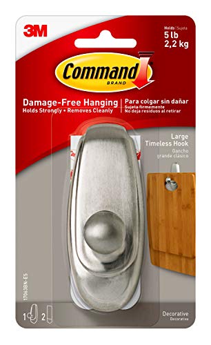 Command Large Timeless Hook, Brushed Nickel, 1-Hook, 2-Strips, Decorate Damage-Free