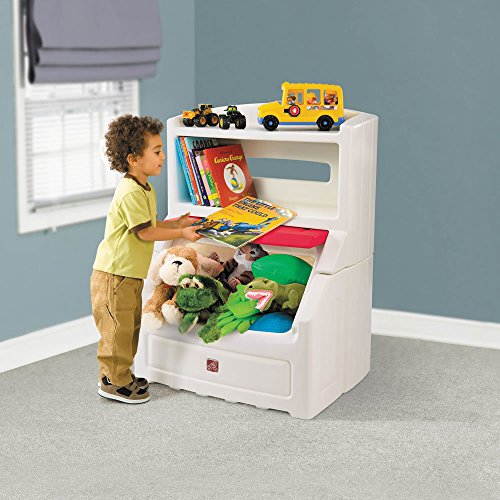 Step2 Lift and Hide Bookcase Storage Chest for Kids - Durable Plastic Toy Box Bookshelf Organizer, White/Red