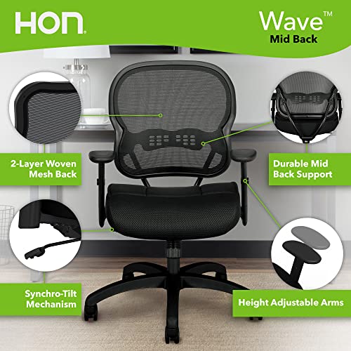 HON Wave Office Chair Mid Back Mesh Ergonomic Computer Desk Chair - Adjustable Arms, Lumbar Support, Synchro-Tilt Tension Angle Lock Recline, Comfortable Cushion, 360 Swivel Rolling Wheels - Black