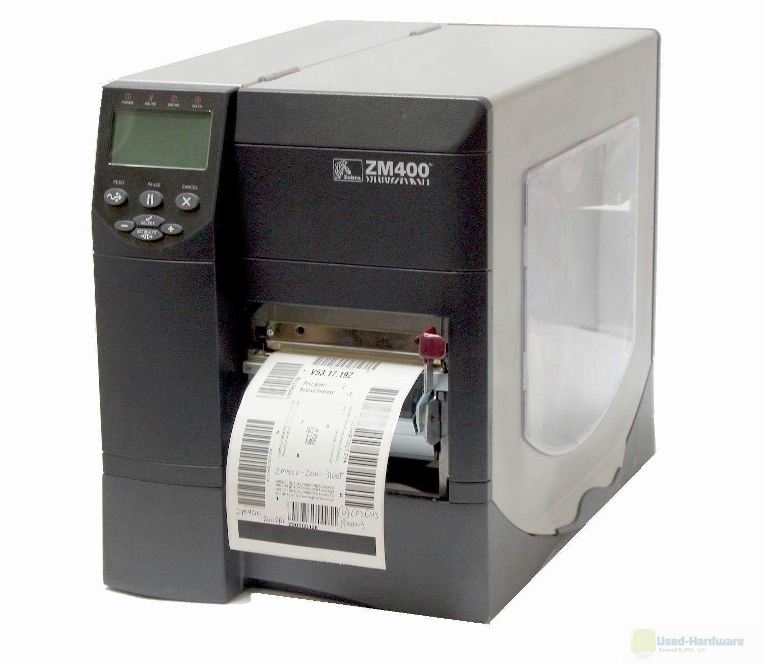 Zebra ZM400-2001-0000T Model ZM400 Thermal Transfer Barcode Printer; 203 dpi/8 dots Resolution, 4.09"/104 mm Print Width, USB, Parallel and Serial Interfaces; Includes US Power Cord