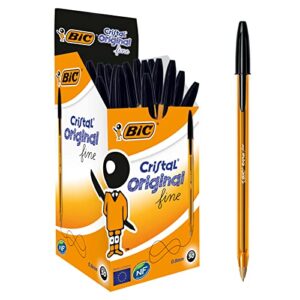 bic cristal original, ballpoint pens, every-day biro pens with fine point (0.8 mm), ideal for school and office, black, pack of 50