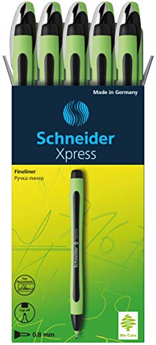 Schneider Xpress Premium Fineliner, 0.8 mm Porous Point, Light Green Barrel, Black Ink, Box of 10 Pens (190001)