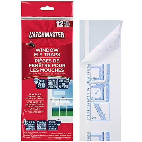 Window Fly Traps by Catchmaster - 12 Count, Ready to Use Indoors. Insect, Bugs, Fly & Fruit Fly Glue Adhesive Sticky Paper - Waterproof Easy Application Ready Disposable Non-Toxic