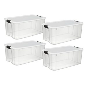 sterilite 19909804 116 quart/110 liter ultra latch box, clear with a white lid and black latches, 4-pack