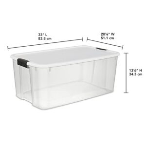 Sterilite 19909804 116 Quart/110 Liter Ultra Latch Box, Clear with a White Lid and Black Latches, 4-Pack