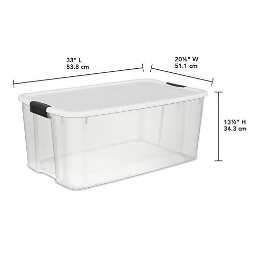 Sterilite 19909804 116 Quart/110 Liter Ultra Latch Box, Clear with a White Lid and Black Latches, 4-Pack