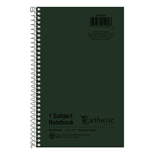 Ampad Single Wire Notebook, Recycled, Size 8x5, 1 Subject ,Green Cover, Narrow Ruled, Not 3 Hole Punched, 80 Sheets per Notebook (25-400R)