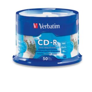 verbatim cd-r 700mb 52x silver inkjet printable - 50pk spindle, 50-disc (95005)