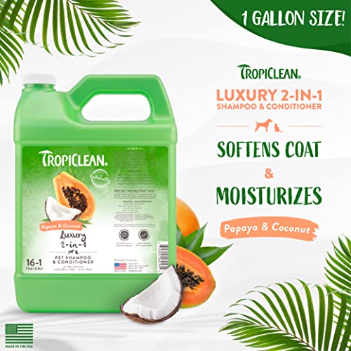 TropiClean 2-in-1 Papaya & Coconut Dog Shampoo and Conditioner | Natural Pet Shampoo Derived from Natural Ingredients | Cat Friendly | Made in the USA | 1 gallon