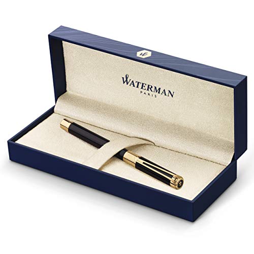 Waterman Perspective Fountain Pen, Gloss Black with 23k Gold Clip, Medium Nib with Blue Ink Cartridge, Gift Box