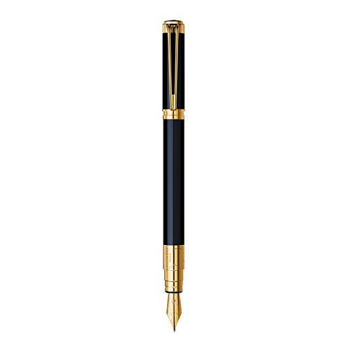 Waterman Perspective Fountain Pen, Gloss Black with 23k Gold Clip, Medium Nib with Blue Ink Cartridge, Gift Box