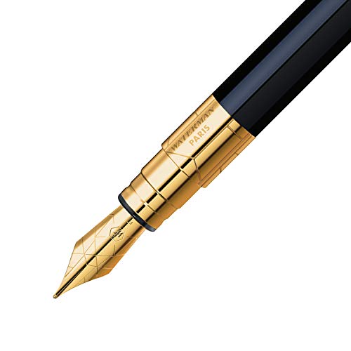 Waterman Perspective Fountain Pen, Gloss Black with 23k Gold Clip, Medium Nib with Blue Ink Cartridge, Gift Box