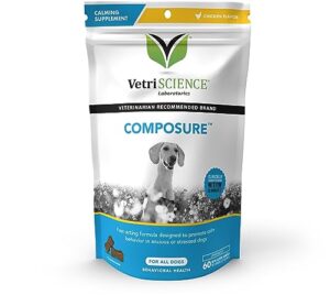 vetriscience composure calming treats for dogs dealing with anxiety, separation stress, noise, thunder and barking - yummy flavored chews pets love