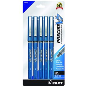 pilot precise v7 stick liquid ink rolling ball stick pens, fine point (0.7mm) blue ink, 5-pack (26021)