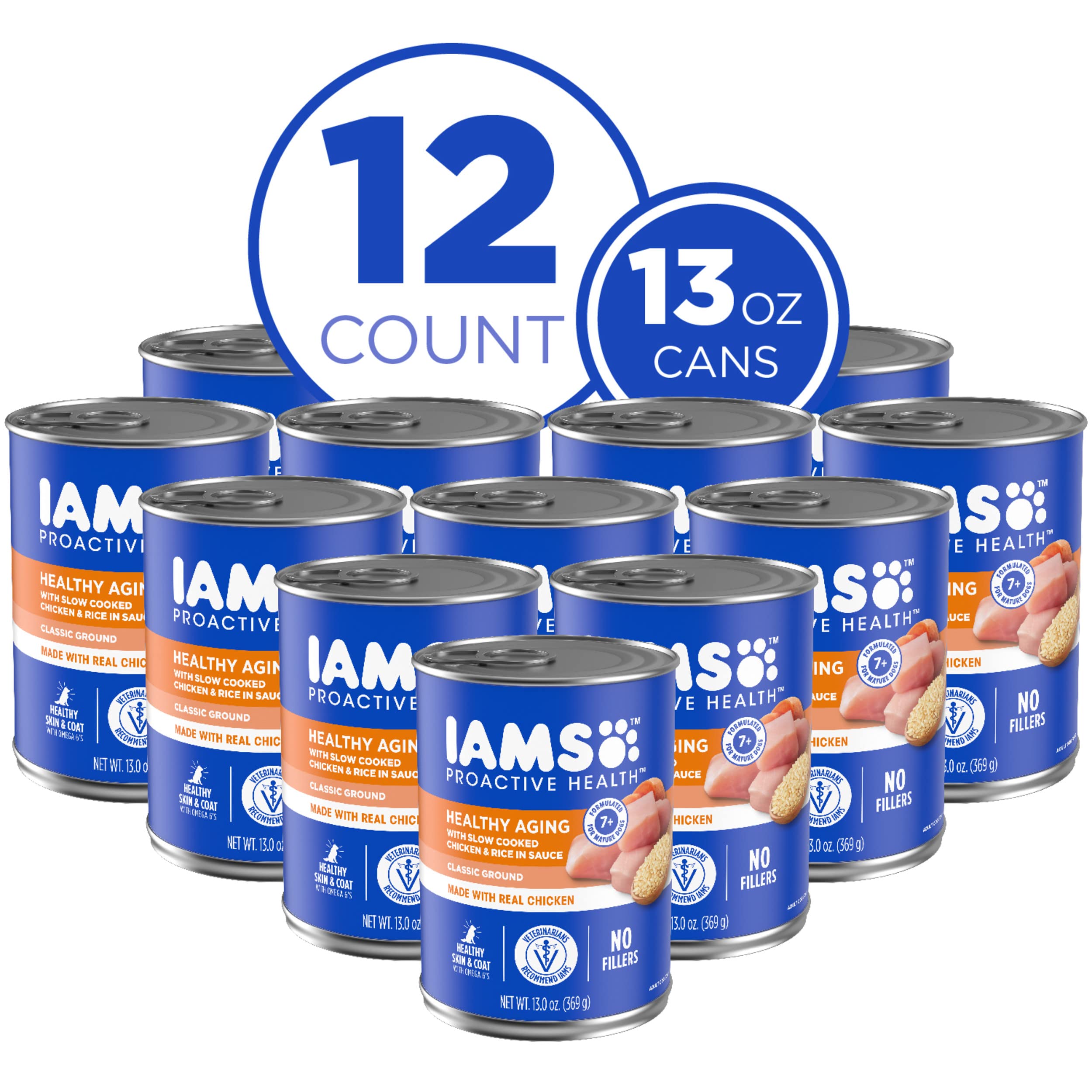 IAMS PROACTIVE HEALTH Healthy Aging Wet Dog Food Classic Ground with Slow Cooked Chicken and Rice, 12-Pack of 13 oz. Cans