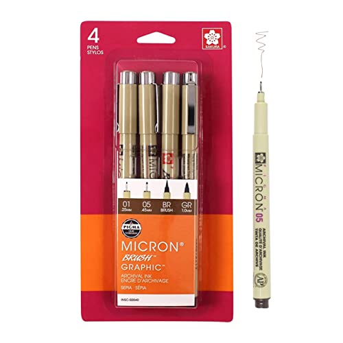 SAKURA Pigma Micron Fineliner Pens - Archival Sepia Ink Pens - Pens for Writing, Drawing, or Journaling - Assorted Point Sizes - 4 Pack