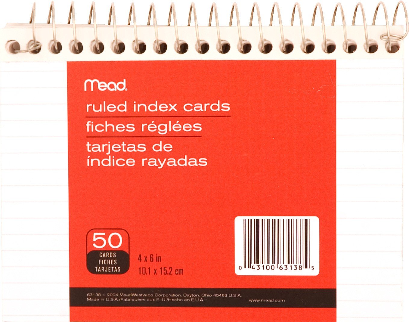 Mead Wirebound Ruled Index Cards, 4 X 6 Inches (63138),white