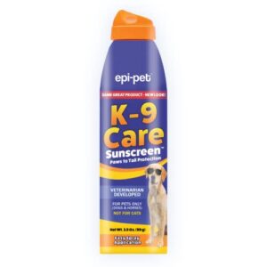 epi-pet k-9 care sunscreen, paws to tail protection, prevents sunburns on dogs and horses, sun protector spray, spf 30+, non-greasy/oily solution – 3.5 oz