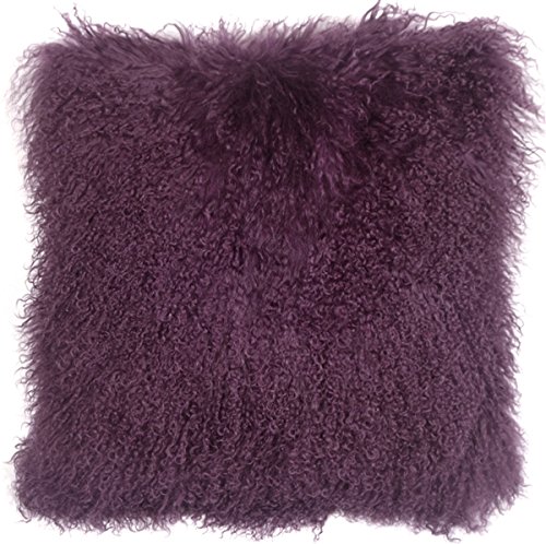 Genuine 100% Tibetan Mongolian Sheepskin Fur Throw Pillow with Pillow Insert (Purple, 18x18)