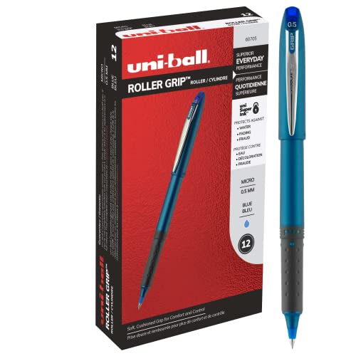 Uniball Roller Grip Pens, Micro Point (0.5mm), Blue, 12 Count