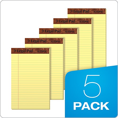 TOPS The Legal Pad Writing Pads, 5" x 8", Jr. Legal Rule, Canary Paper, 50 Sheets, 5 Pack (75017)