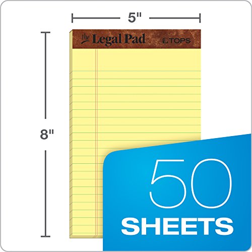 TOPS The Legal Pad Writing Pads, 5" x 8", Jr. Legal Rule, Canary Paper, 50 Sheets, 5 Pack (75017)