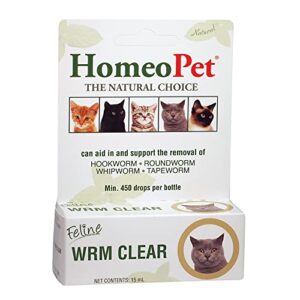 homeopet feline wrm clear, natural tapeworm, whipworm, roundworm, and hookworm medicine for cats, 15 milliliters