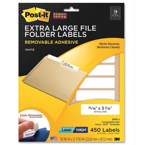 Post-it Super Sticky Removable File Folder Labels, 0.937 x 3.437 Inches, White, 450 per Pack (2100-J)