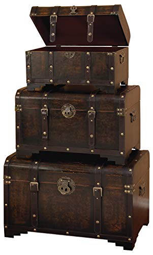 Deco 79 Wood Nesting Upholstered Trunk with Vintage Accents and Studs, Set of 3 28", 24", 20"W, Brown