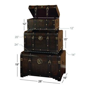 Deco 79 Wood Nesting Upholstered Trunk with Vintage Accents and Studs, Set of 3 28", 24", 20"W, Brown