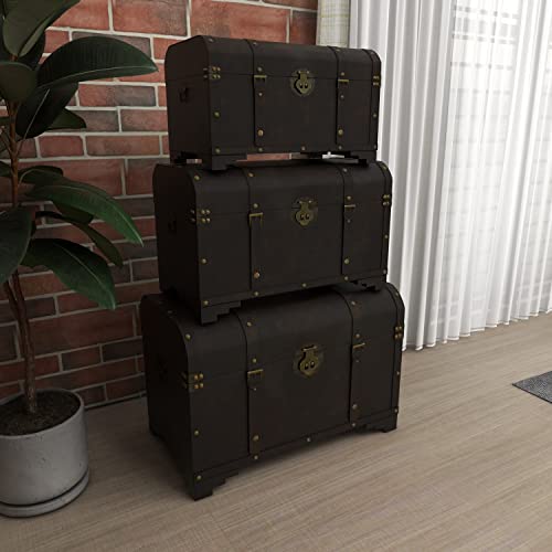 Deco 79 Wood Nesting Upholstered Trunk with Vintage Accents and Studs, Set of 3 28", 24", 20"W, Brown