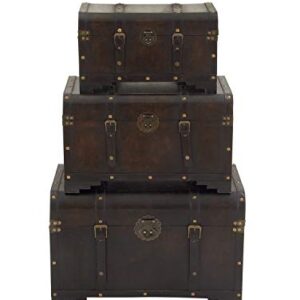 Deco 79 Wood Nesting Upholstered Trunk with Vintage Accents and Studs, Set of 3 28", 24", 20"W, Brown