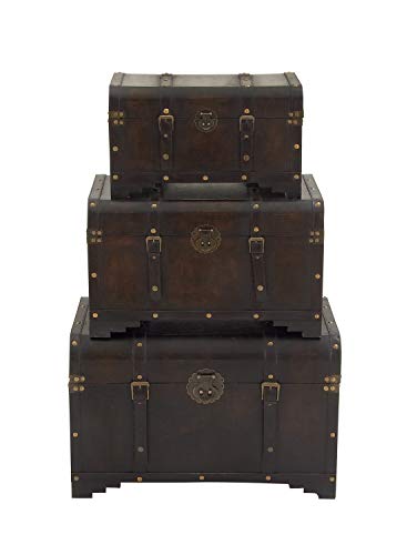 Deco 79 Wood Nesting Upholstered Trunk with Vintage Accents and Studs, Set of 3 28", 24", 20"W, Brown