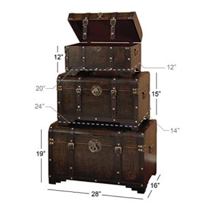 Deco 79 Wood Nesting Upholstered Trunk with Vintage Accents and Studs, Set of 3 28", 24", 20"W, Brown