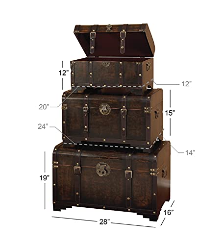 Deco 79 Wood Nesting Upholstered Trunk with Vintage Accents and Studs, Set of 3 28", 24", 20"W, Brown