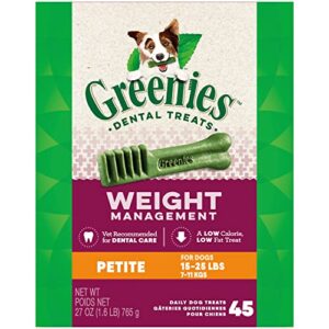 greenies weight management petite natural dog dental care chews weight control dog treats, 27 oz. pack (45 treats)