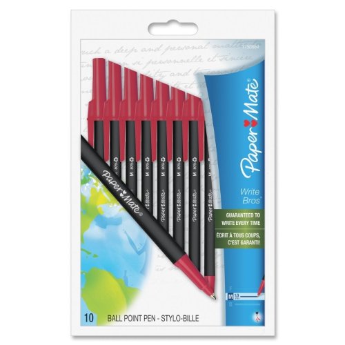 Paper Mate Write Bros. Recycled Stick Medium Point Ballpoint Pens, 10 Red Ink Pens (1750864)