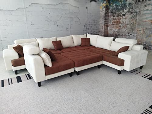 Stendmar 5pc Reversible Multifunction 2-Tone Natrual and Dark Brown Espresso Microfiber Fabric Big Sectional Couch Sofa S150DNE