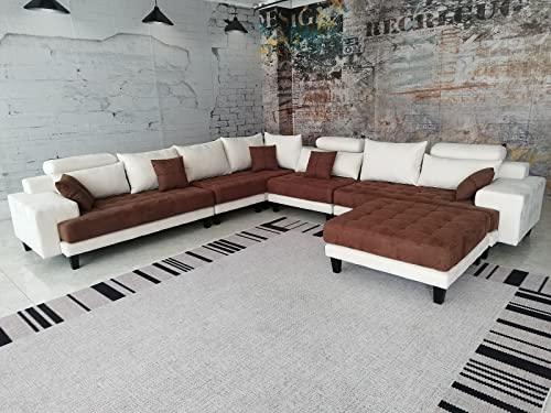 Stendmar 5pc Reversible Multifunction 2-Tone Natrual and Dark Brown Espresso Microfiber Fabric Big Sectional Couch Sofa S150DNE