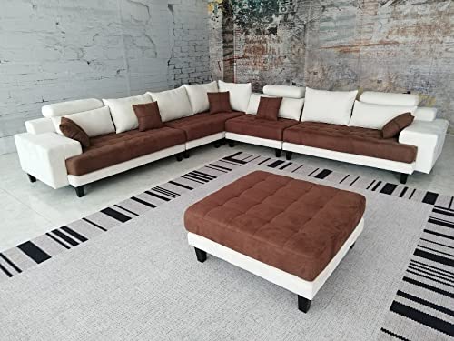 Stendmar 5pc Reversible Multifunction 2-Tone Natrual and Dark Brown Espresso Microfiber Fabric Big Sectional Couch Sofa S150DNE