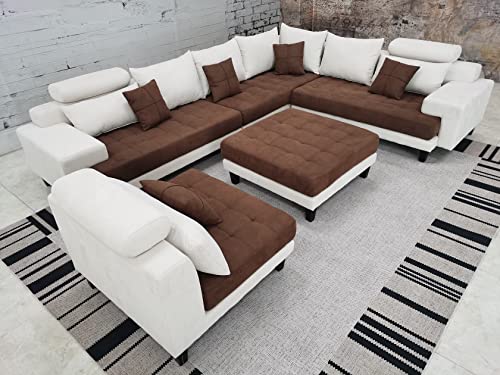 Stendmar 5pc Reversible Multifunction 2-Tone Natrual and Dark Brown Espresso Microfiber Fabric Big Sectional Couch Sofa S150DNE