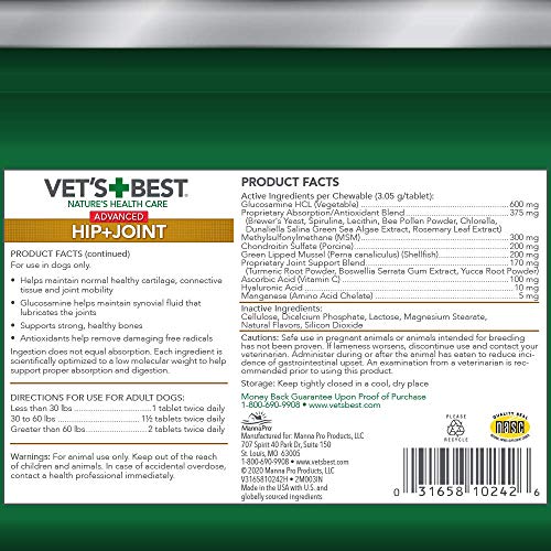 Vet's Best Advanced Hip & Joint Dog Supplements, 90 Chewable Tablets