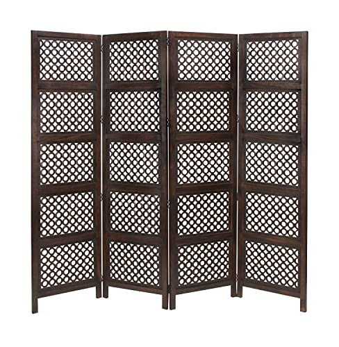 Deco 79 Wood Floral Handmade Hinged Foldable Partition 4 Panel Room Divider Screen with Intricately Carved Designs, 80" x 1" x 72", Brown